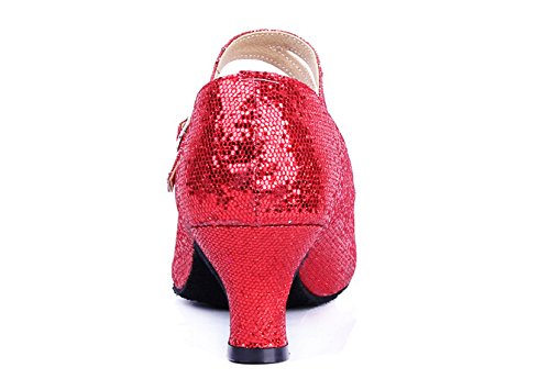 missfiona Women's Glitter Latin Ballroom Dance Shoes Pointed-Toe Y Strap Dancing Heels(6.5, Red)