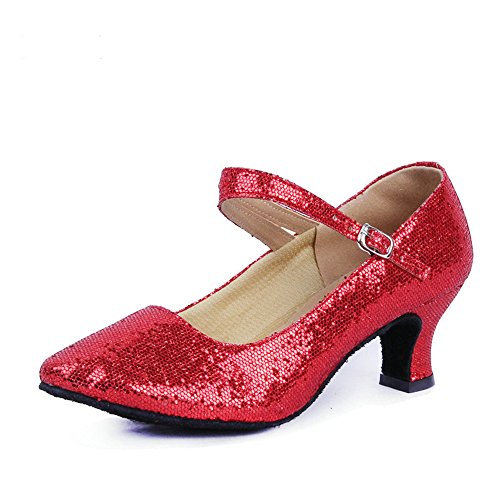 missfiona Women's Glitter Latin Ballroom Dance Shoes Pointed-Toe Y Strap Dancing Heels(6.5, Red)