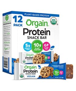 orgain organic vegan protein bars, chocolate chip cookie dough - 10g plant based protein, gluten free snack bar, low sugar, dairy free, soy free, lactose free, non gmo, 12 count (pack of 1)