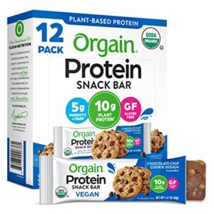 Orgain Organic Vegan Protein Bars, Chocolate Chip Cookie Dough - 10g Plant Based Protein, Gluten Free Snack Bar, Low Sugar, Dairy Free, Soy Free, Lactose Free, Non GMO, 12 Count (Pack of 1)