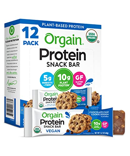 Orgain Organic Vegan Protein Bars, Chocolate Chip Cookie Dough - 10g Plant Based Protein, Gluten Free Snack Bar, Low Sugar, Dairy Free, Soy Free, Lactose Free, Non GMO, 12 Count (Pack of 1)