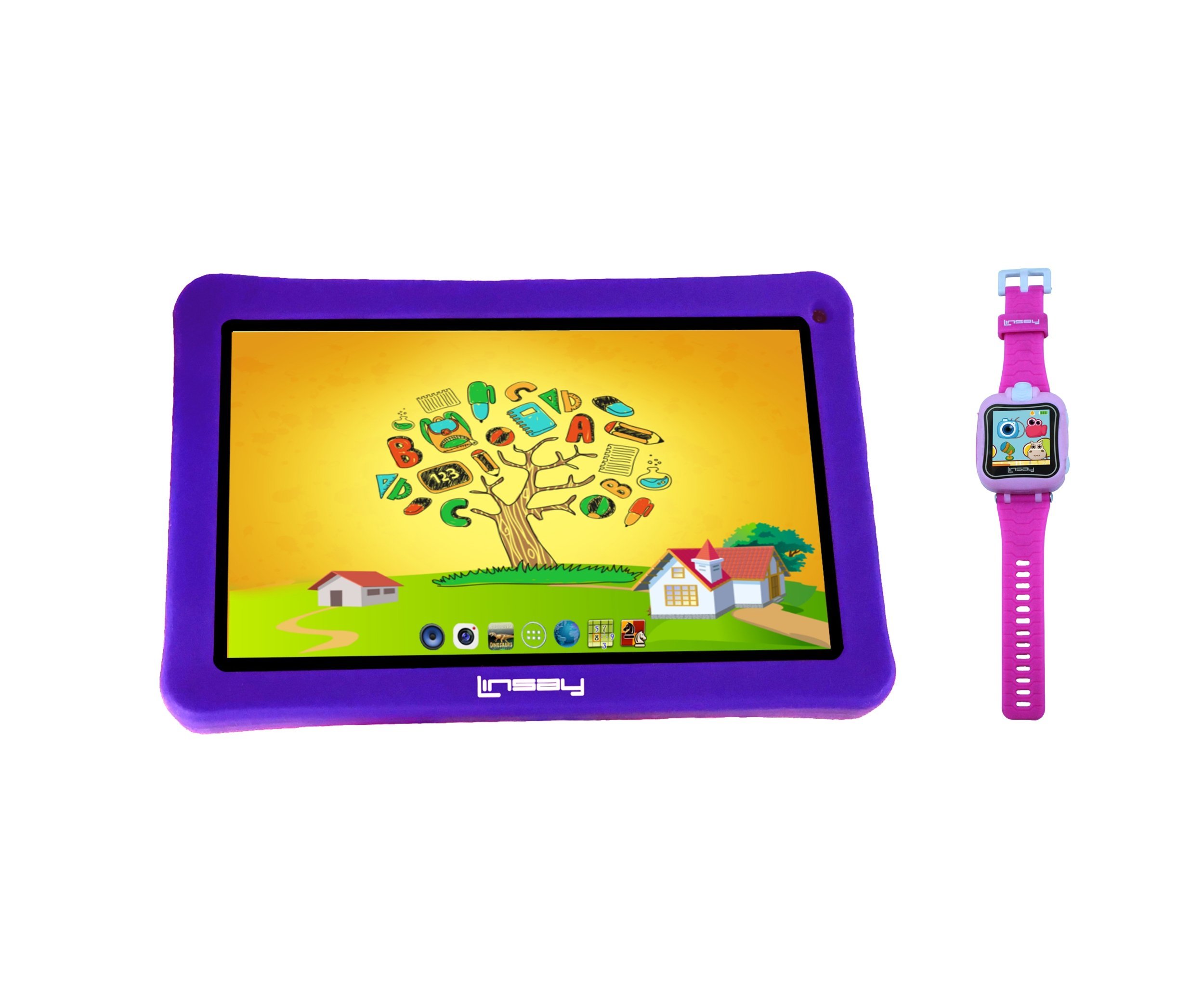 LINSAY® 7" Kids Funny Tablet Purple 64GB Android 12 Wi-Fi with 1.5" Kids Smartwatch 90 Degree Selfie Camera Pink