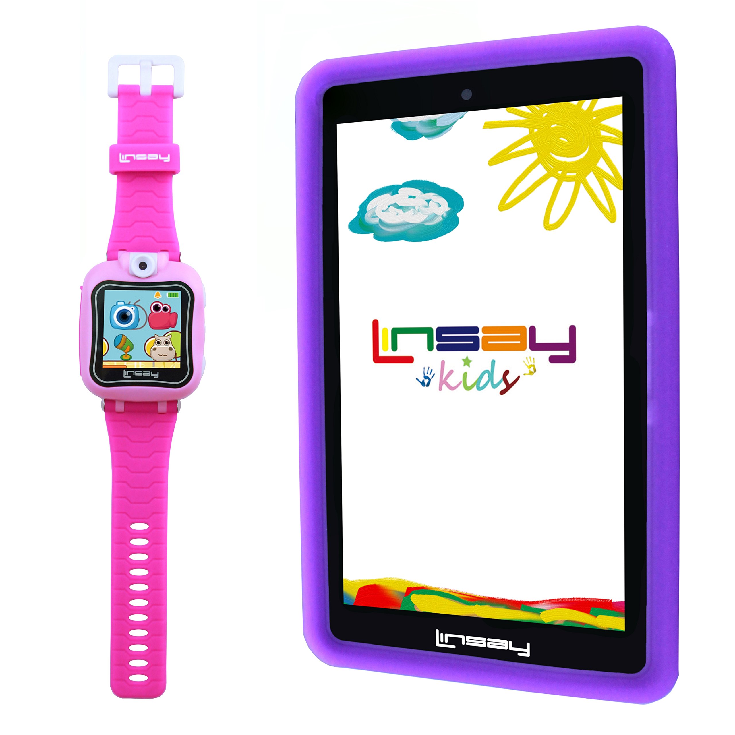 LINSAY® 7" Kids Funny Tablet Purple 64GB Android 12 Wi-Fi with 1.5" Kids Smartwatch 90 Degree Selfie Camera Pink