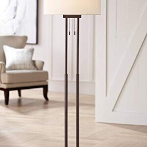 Franklin Iron Works Roscoe Modern Standing Floor Lamp 62" Tall Oil Rubbed Bronze Brown Twin Poles White Fabric Hardback Oval Shade Decor for Living Room Reading House Bedroom Office