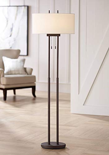 Franklin Iron Works Roscoe Modern Standing Floor Lamp 62" Tall Oil Rubbed Bronze Brown Twin Poles White Fabric Hardback Oval Shade Decor for Living Room Reading House Bedroom Office