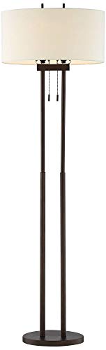 Franklin Iron Works Roscoe Modern Standing Floor Lamp 62" Tall Oil Rubbed Bronze Brown Twin Poles White Fabric Hardback Oval Shade Decor for Living Room Reading House Bedroom Office