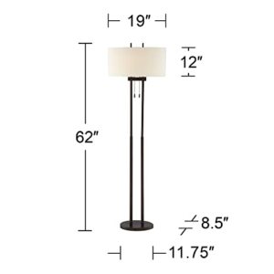 Franklin Iron Works Roscoe Modern Standing Floor Lamp 62" Tall Oil Rubbed Bronze Brown Twin Poles White Fabric Hardback Oval Shade Decor for Living Room Reading House Bedroom Office