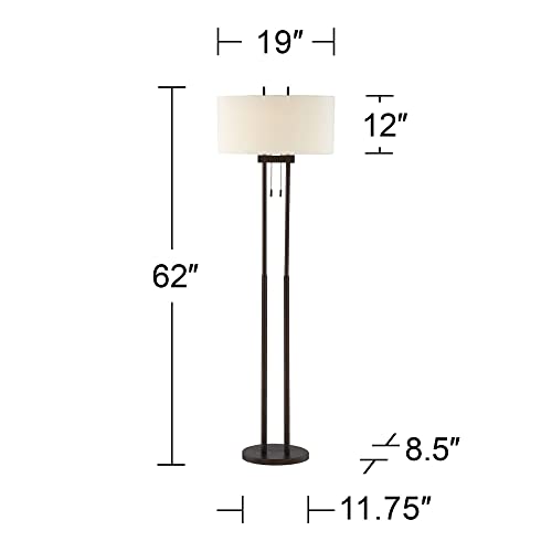 Franklin Iron Works Roscoe Modern Standing Floor Lamp 62" Tall Oil Rubbed Bronze Brown Twin Poles White Fabric Hardback Oval Shade Decor for Living Room Reading House Bedroom Office