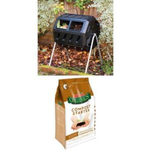 yimby tumbler composter, color black and compost starter bag bundle