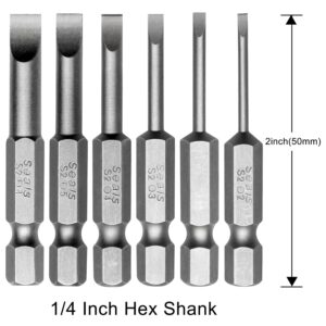 Toolcool 6 Pcs Slotted Screwdriver Bit Set Magnetic Flat Head Bits 2.0-6.0mm S2 Alloy Steel 1/4 Inch Hex Shank 2 Inch long