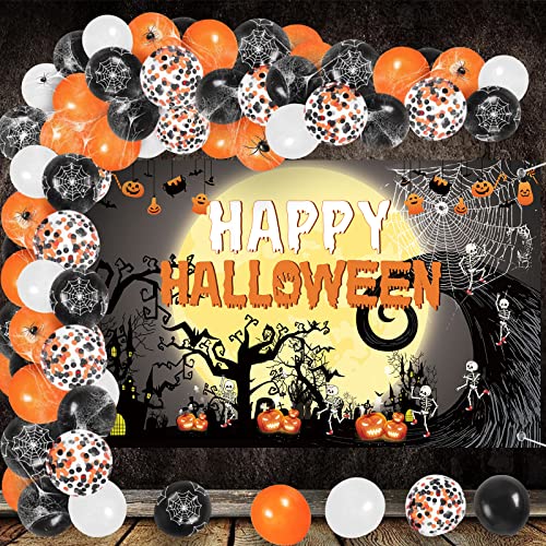 Famoby Happy Halloween Theme Fabric Sign Poster Banner Backdrop Metallic Shiny Latex Balloons for Birthday Photo Booth Background Party Decorations Supplies