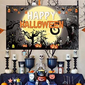 Famoby Happy Halloween Theme Fabric Sign Poster Banner Backdrop Metallic Shiny Latex Balloons for Birthday Photo Booth Background Party Decorations Supplies