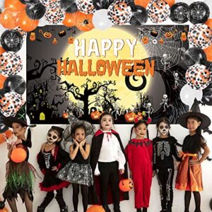 Famoby Happy Halloween Theme Fabric Sign Poster Banner Backdrop Metallic Shiny Latex Balloons for Birthday Photo Booth Background Party Decorations Supplies