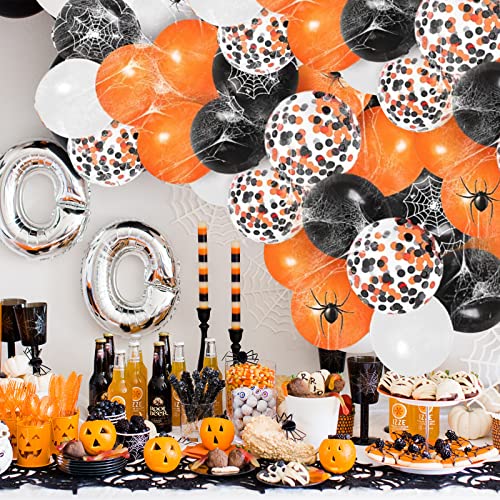 Famoby Happy Halloween Theme Fabric Sign Poster Banner Backdrop Metallic Shiny Latex Balloons for Birthday Photo Booth Background Party Decorations Supplies