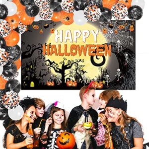 Famoby Happy Halloween Theme Fabric Sign Poster Banner Backdrop Metallic Shiny Latex Balloons for Birthday Photo Booth Background Party Decorations Supplies