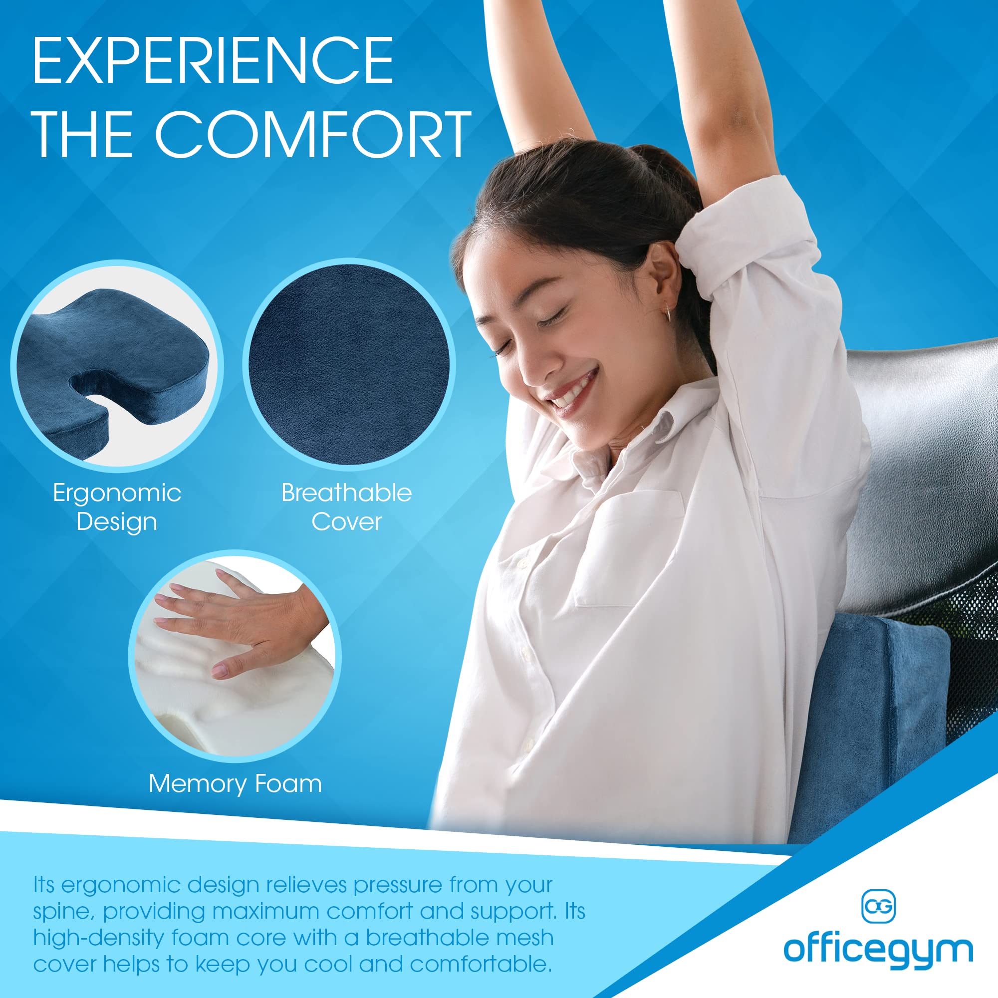 OFFICEGYM Orthopedic Coccyx Seat Cushion: Premium Memory Foam Pillow for Tailbone Pain & Back Support. Ergonomic & Travel Ready. Premium Hip & Back Support for Office Chair, Cars, & Airplane Seats