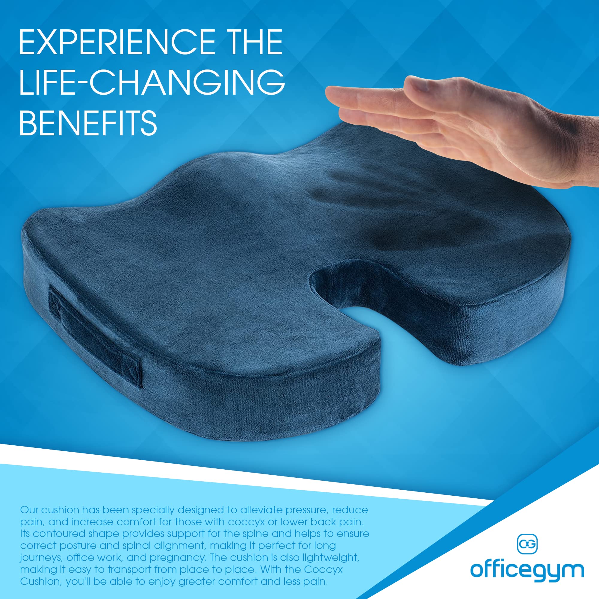 OFFICEGYM Orthopedic Coccyx Seat Cushion: Premium Memory Foam Pillow for Tailbone Pain & Back Support. Ergonomic & Travel Ready. Premium Hip & Back Support for Office Chair, Cars, & Airplane Seats