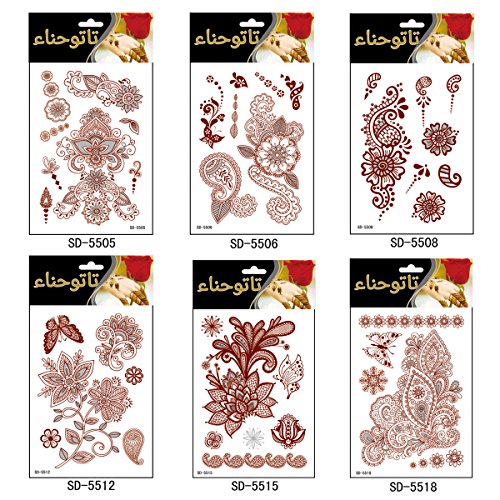 AHIER Henna Tattoo, 6 Sheets Henna Stickers, Waterproof Red Henna Tattoo Stickers for Women