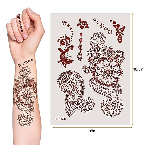 AHIER Henna Tattoo, 6 Sheets Henna Stickers, Waterproof Red Henna Tattoo Stickers for Women