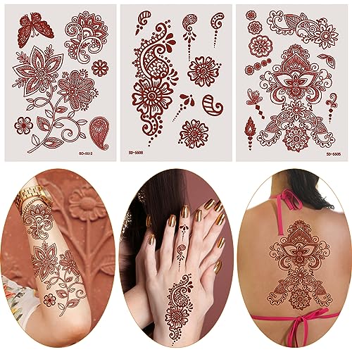 AHIER Henna Tattoo, 6 Sheets Henna Stickers, Waterproof Red Henna Tattoo Stickers for Women