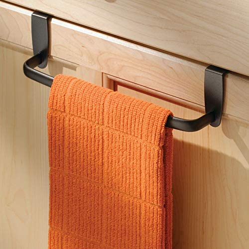 mDesign Steel Metal Wire Over Cabinet Towel Rack Storage Organizer - Hang on Cabinet or Door - Towel Bar Holder for Kitchen - Holds Hand Towels, Washcloths - Spira Collection - Bronze