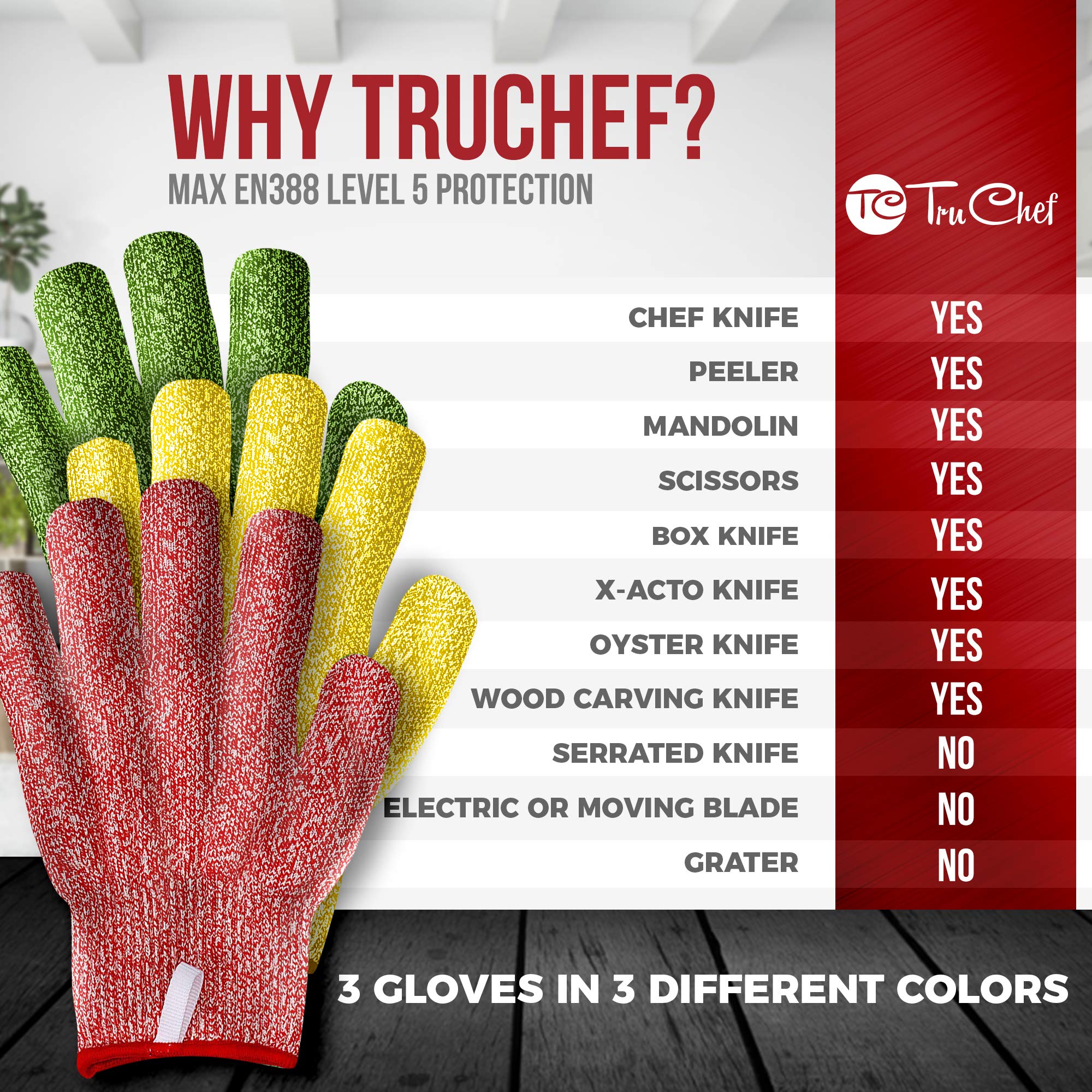 TruChef Cut Resistant Gloves - 3 Pack, Food Grade, Fits both hands, Level 5 Protection, Small