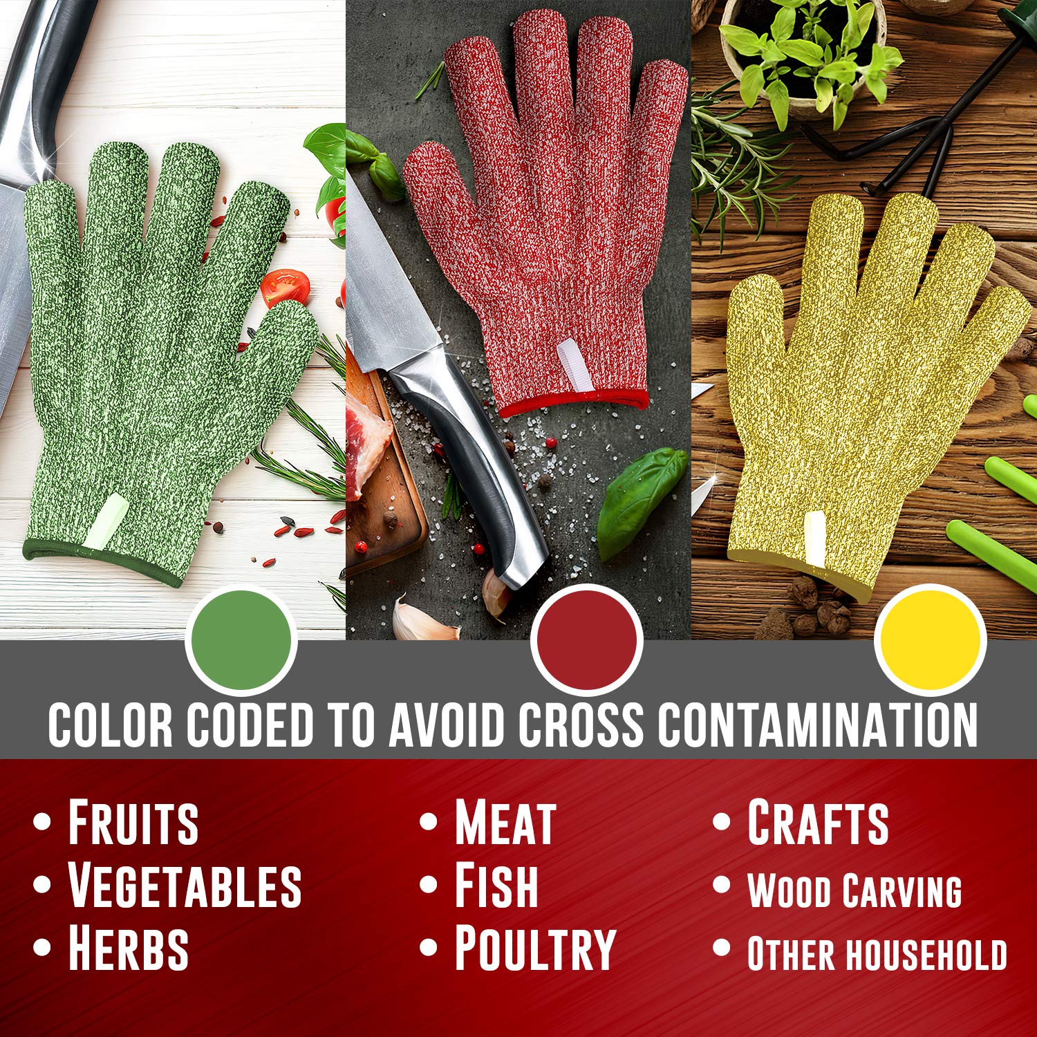 TruChef Cut Resistant Gloves - 3 Pack, Food Grade, Fits both hands, Level 5 Protection, Small