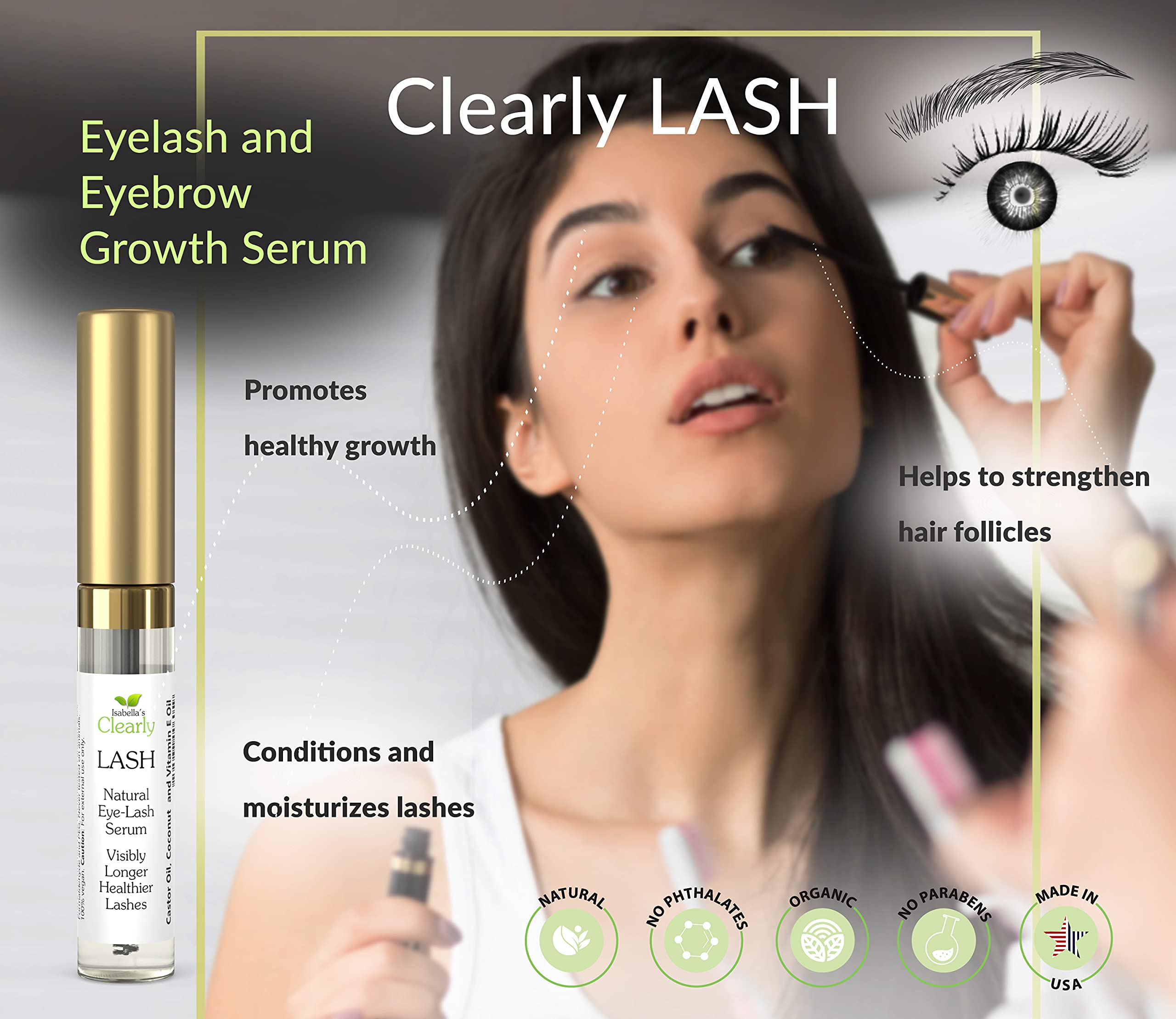 Clearly LASH, Natural Eyelash Growth Serum for Longer, Fuller Enhanced Lashes and Brows with Castor Oil + Vitamin E | Irritation Free and Paraben Free