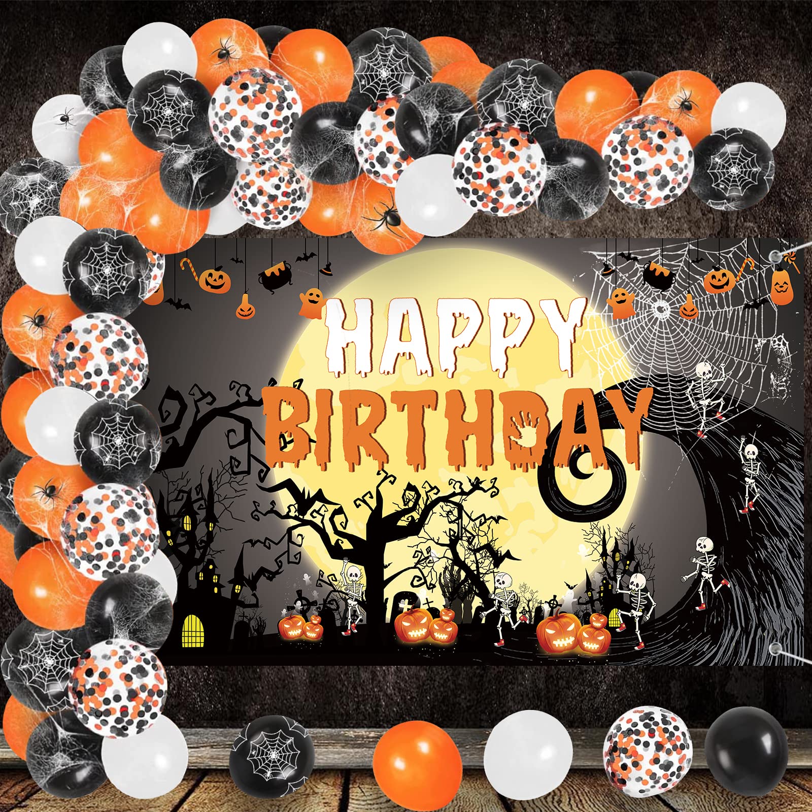 Famoby Happy Birthday Halloween Fabric Sign Poster Banner Backdrop Metallic Shiny Latex Balloons for Halloween Photo Booth Background Party Decorations Supplies