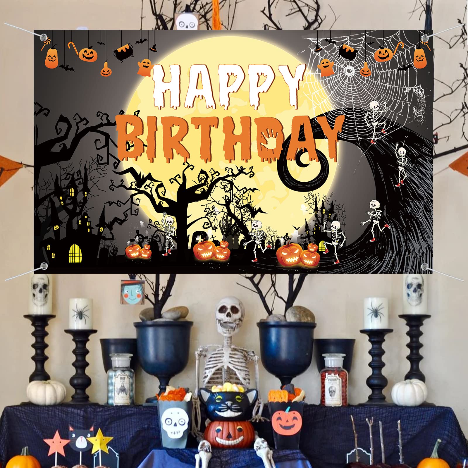 Famoby Happy Birthday Halloween Fabric Sign Poster Banner Backdrop Metallic Shiny Latex Balloons for Halloween Photo Booth Background Party Decorations Supplies