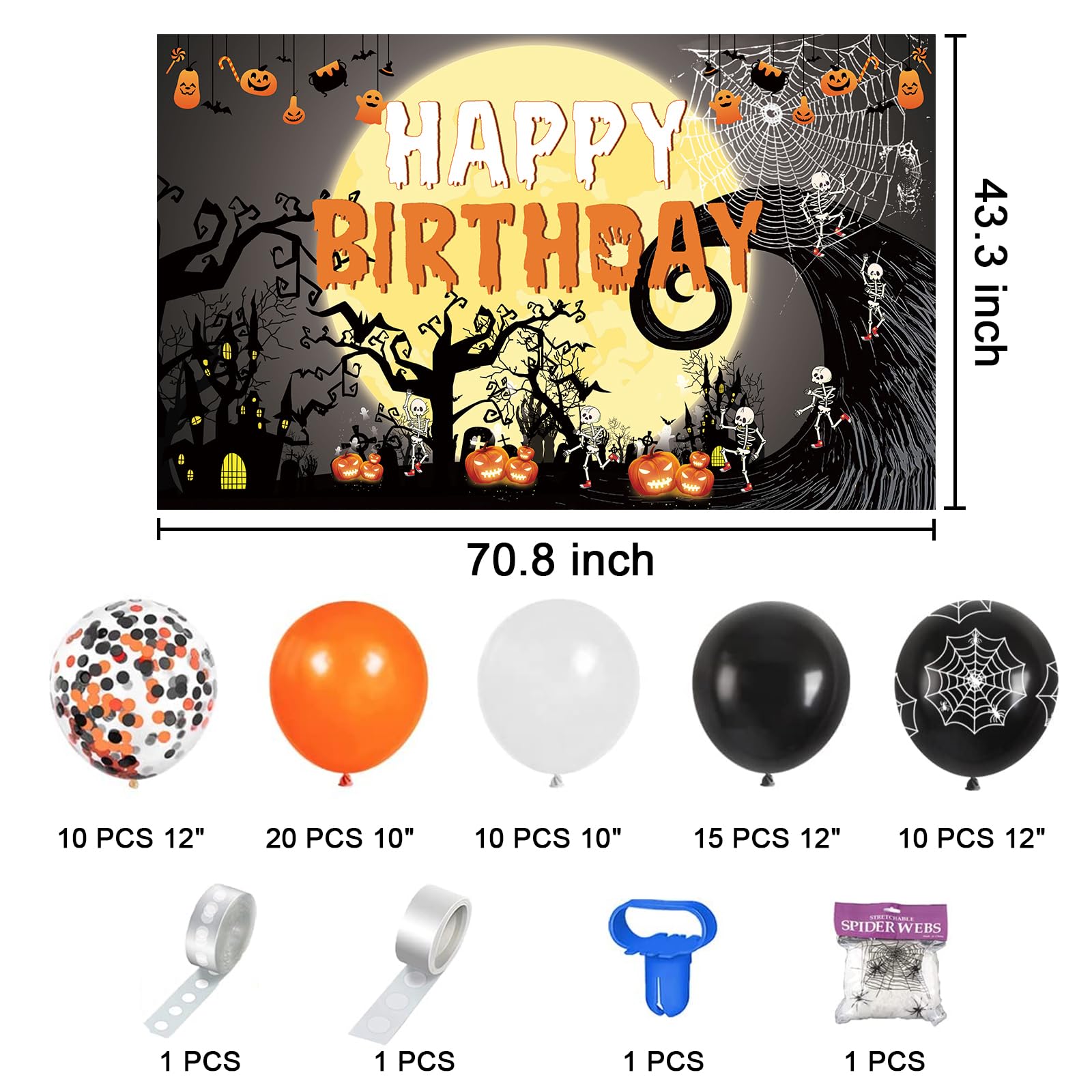 Famoby Happy Birthday Halloween Fabric Sign Poster Banner Backdrop Metallic Shiny Latex Balloons for Halloween Photo Booth Background Party Decorations Supplies