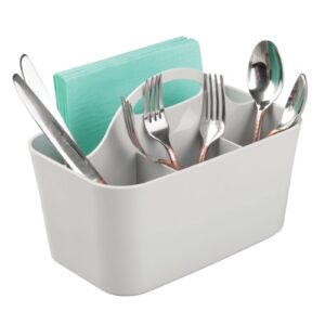 mDesign Plastic Cutlery Storage Organizer Caddy Bin Tote with Handle - Kitchen Cabinet Divided Pantry Basket for Forks, Knives, Spoons, Napkins, Indoor/Outdoor Use, Lumiere Collection, Light Gray