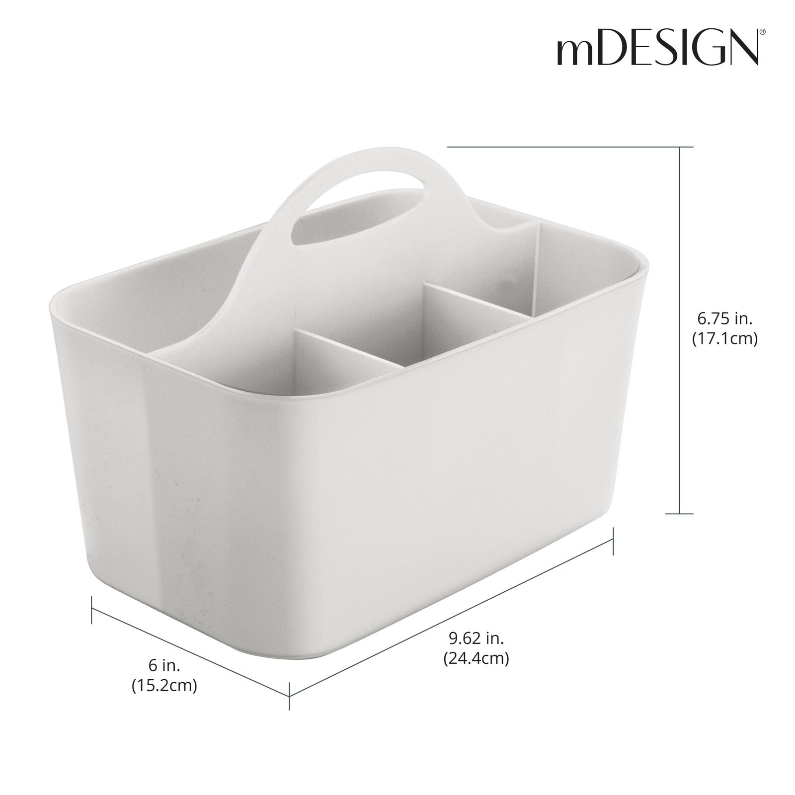 mDesign Plastic Cutlery Storage Organizer Caddy Bin Tote with Handle - Kitchen Cabinet Divided Pantry Basket for Forks, Knives, Spoons, Napkins, Indoor/Outdoor Use, Lumiere Collection, Light Gray