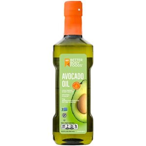 betterbody foods refined avocado oil, non-gmo cooking oil, kosher, keto and paleo diet friendly, for high-heat cooking, frying, baking, 100% pure avocado oil, 500 ml, 16.9 fl oz