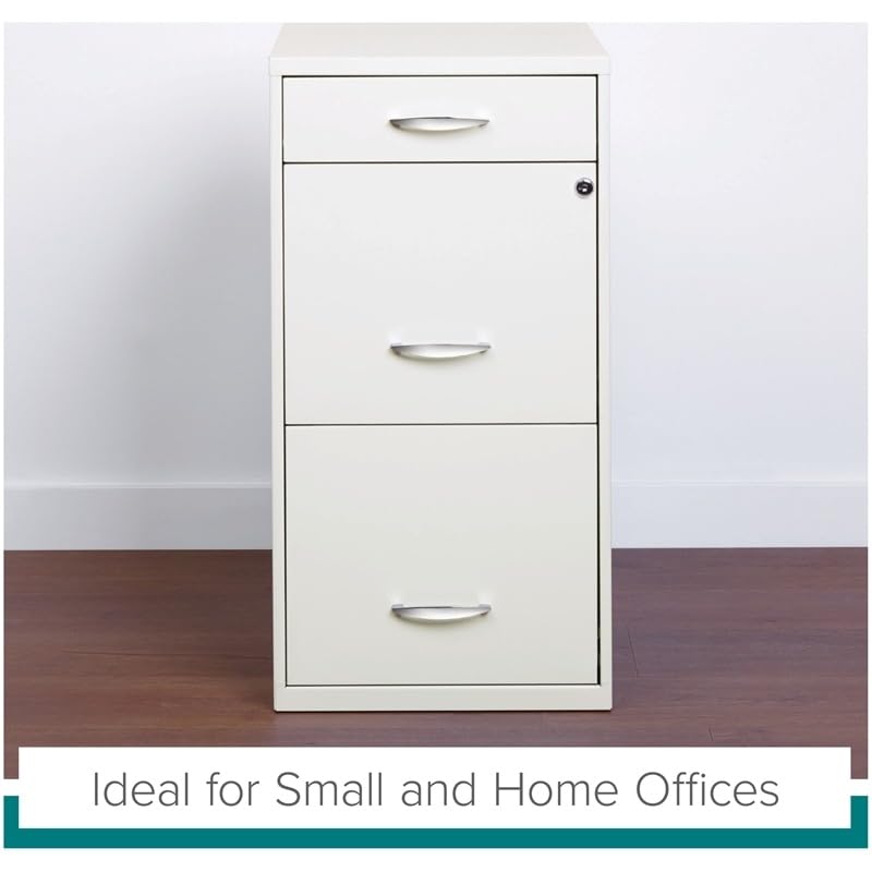 Pemberly Row 18" Deep 3-Drawer Contemporary Metal File Cabinet, Letter Size, Smooth Glides, for Small Office/Home Office, in Pearl White