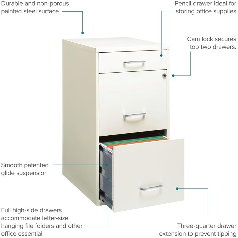 Pemberly Row 18" Deep 3-Drawer Contemporary Metal File Cabinet, Letter Size, Smooth Glides, for Small Office/Home Office, in Pearl White