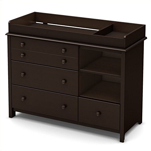 Pemberly Row Large Changing Table for Baby Bedroom, 4 Drawers and Open Shelves, Espresso Brown