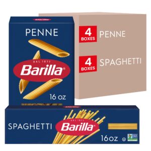 barilla penne pasta & spaghetti pasta variety pack, 16 oz. boxes (pack of 8) - non-gmo pasta made with durum wheat semolina - kosher certified pasta