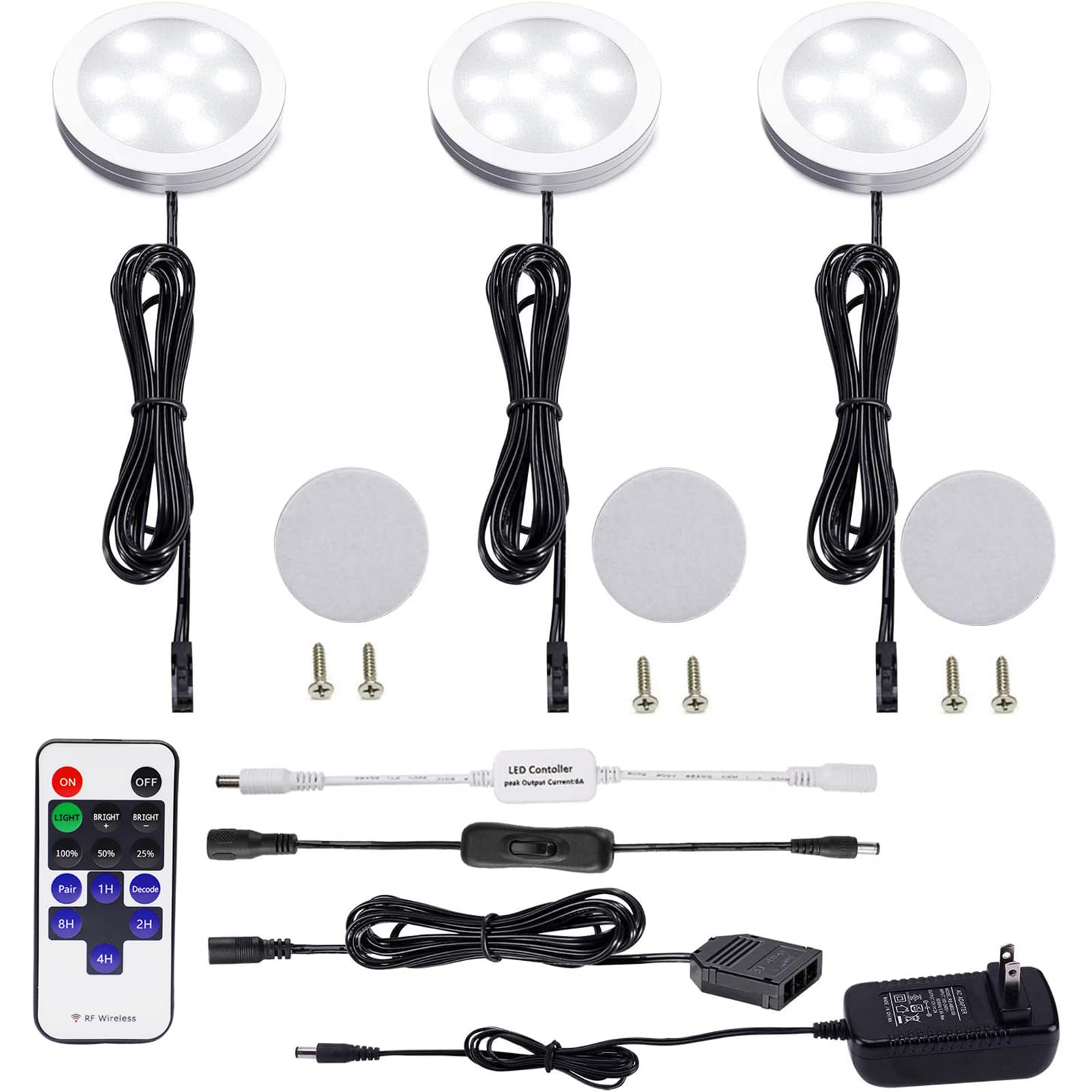 AIBOO Dimmable LED Under Cabinet Puck Lights 3 Lamps Kit with RF Remote Control for Home Kitchen Counter Lighting (Daylight White 6000K)