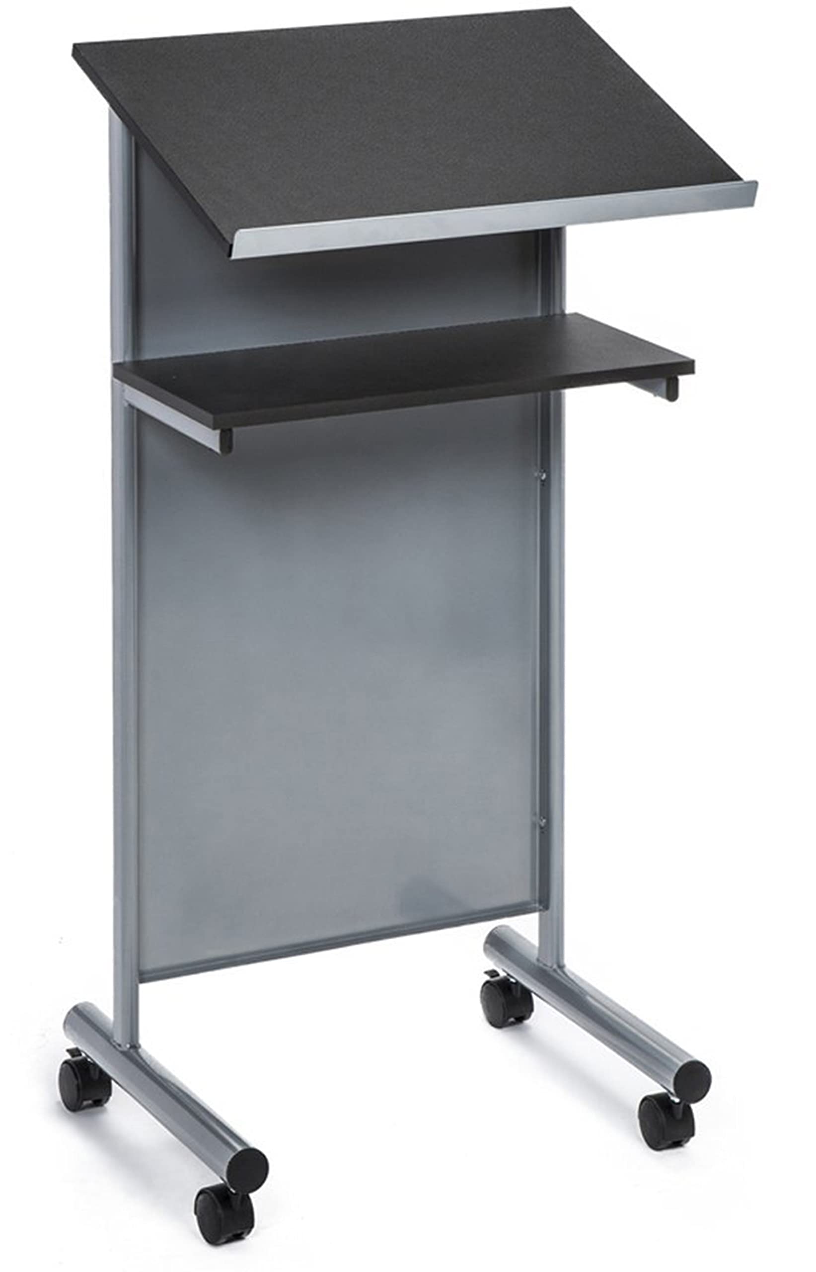 Audio-Visual Direct Wheeled Lectern Podium - Standing Desk with Storage Shelf - Silver/Black - Ideal for Presentations and Laptop Use