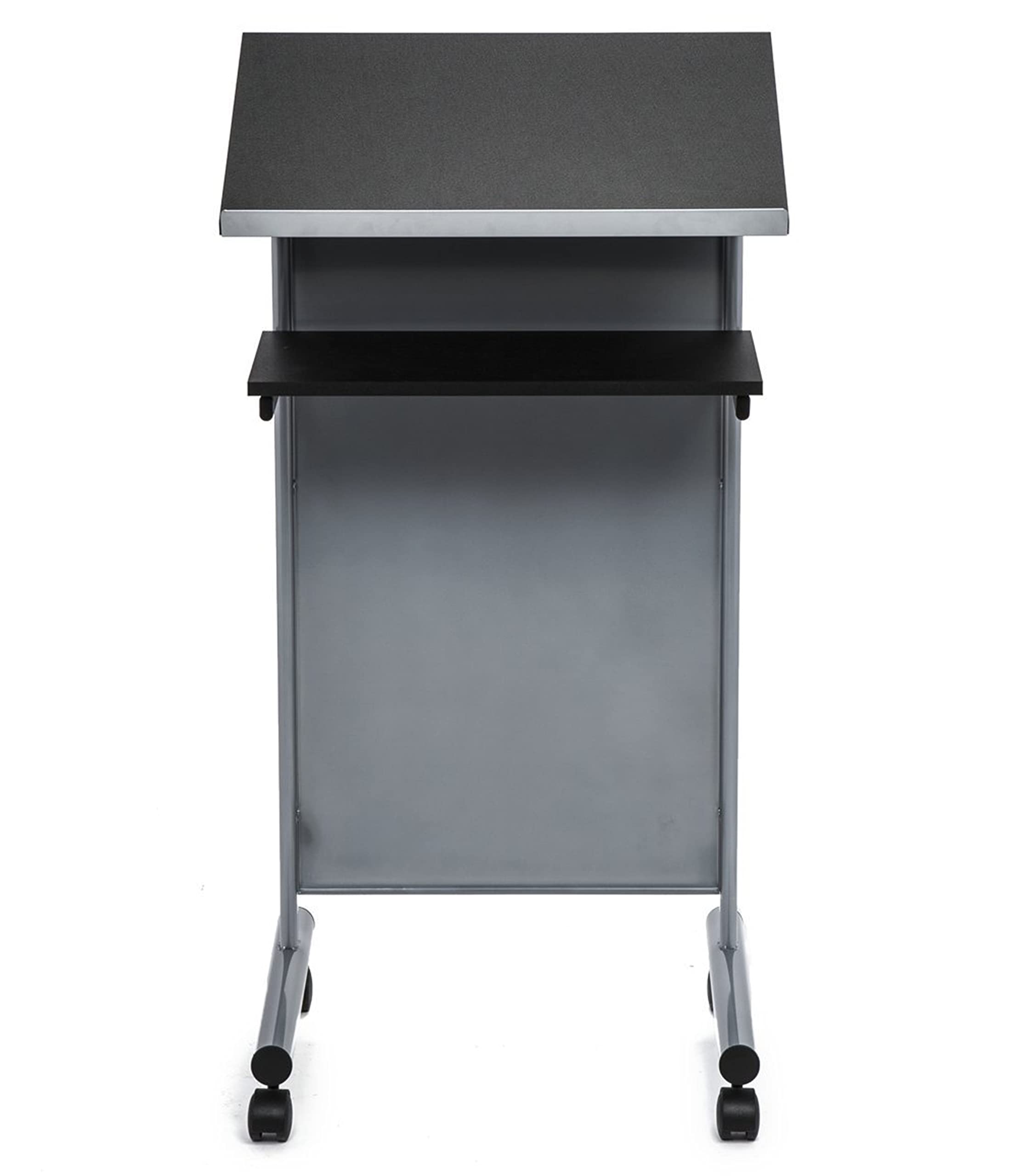 Audio-Visual Direct Wheeled Lectern Podium - Standing Desk with Storage Shelf - Silver/Black - Ideal for Presentations and Laptop Use