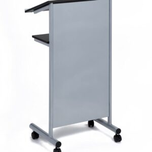 Audio-Visual Direct Wheeled Lectern Podium - Standing Desk with Storage Shelf - Silver/Black - Ideal for Presentations and Laptop Use