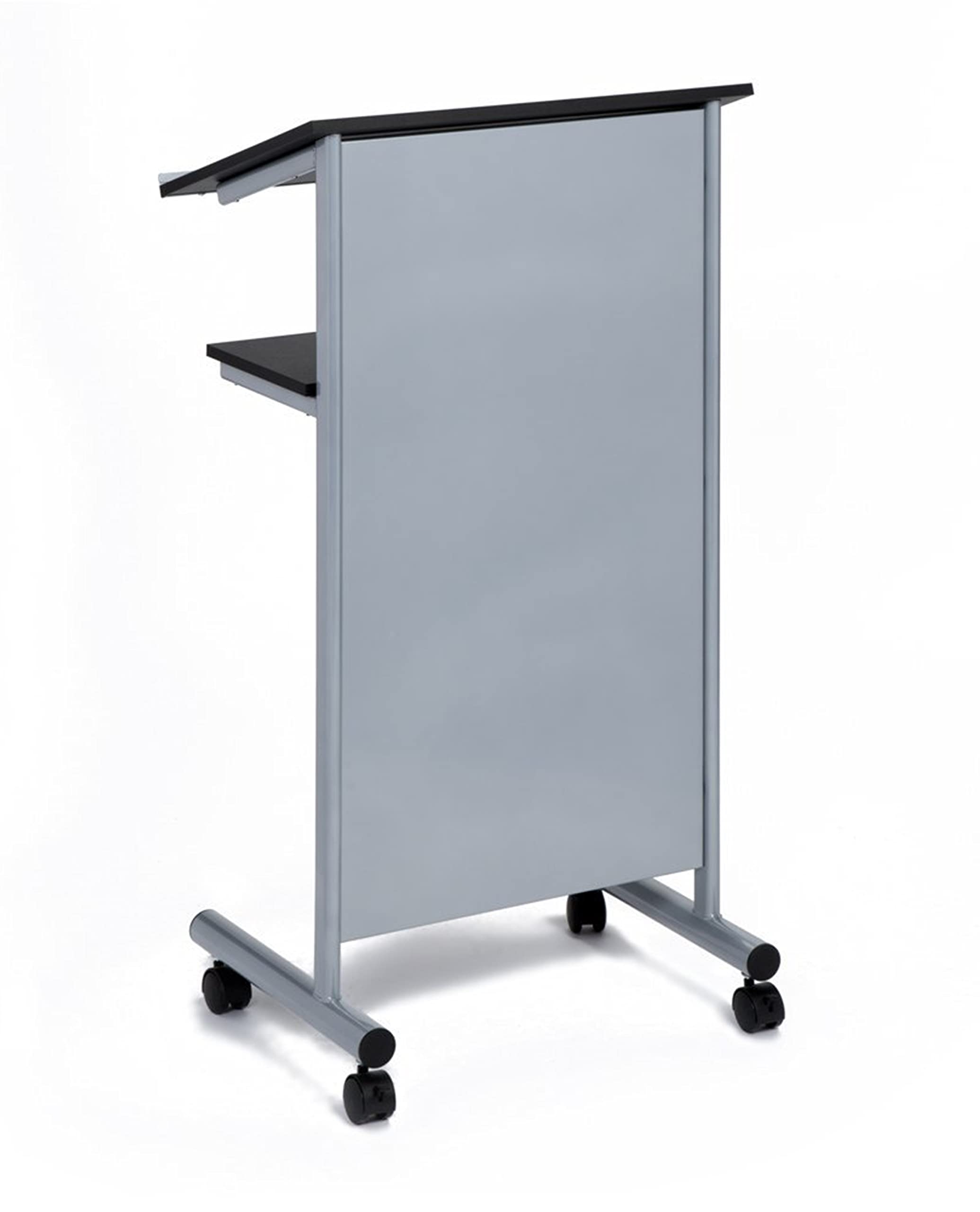 Audio-Visual Direct Wheeled Lectern Podium - Standing Desk with Storage Shelf - Silver/Black - Ideal for Presentations and Laptop Use