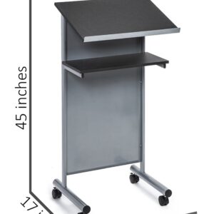 Audio-Visual Direct Wheeled Lectern Podium - Standing Desk with Storage Shelf - Silver/Black - Ideal for Presentations and Laptop Use