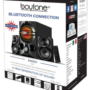 Boytone BT-324F, 2.1 Bluetooth Powerful Home Theater Speaker Systems, with FM Radio, SD USB Ports, Digital Play Back, 40 Watts, RGB Light, Full Function Remote Control, Smartphone, Tablet