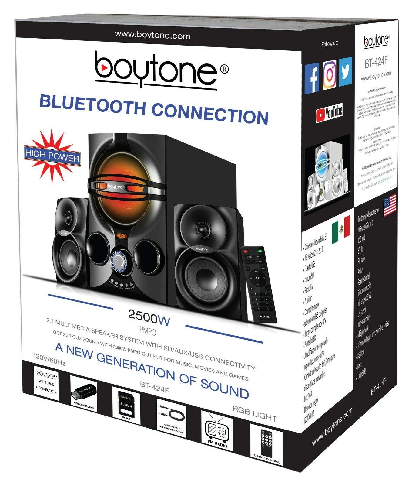 Boytone BT-324F, 2.1 Bluetooth Powerful Home Theater Speaker Systems, with FM Radio, SD USB Ports, Digital Play Back, 40 Watts, RGB Light, Full Function Remote Control, Smartphone, Tablet