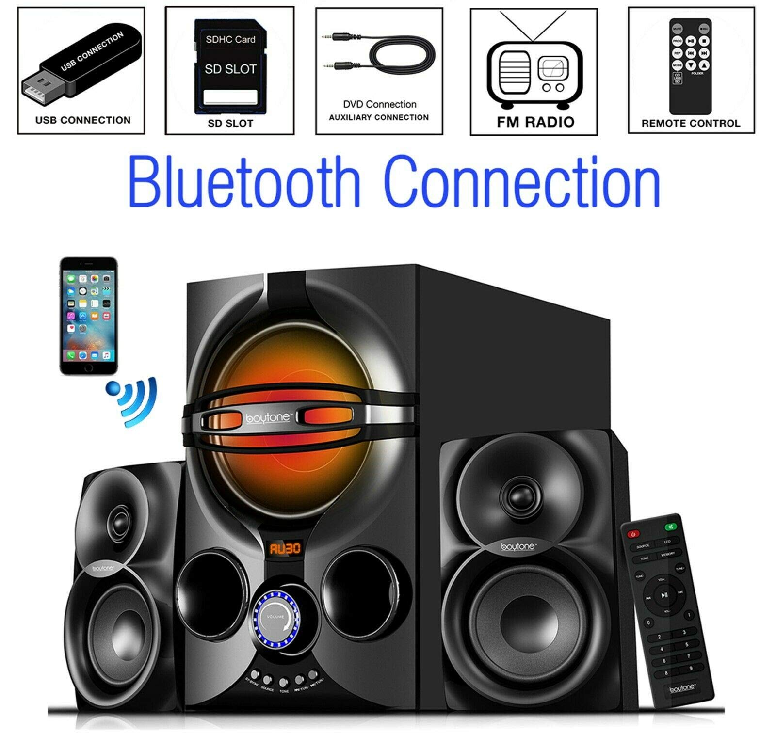 Boytone BT-324F, 2.1 Bluetooth Powerful Home Theater Speaker Systems, with FM Radio, SD USB Ports, Digital Play Back, 40 Watts, RGB Light, Full Function Remote Control, Smartphone, Tablet