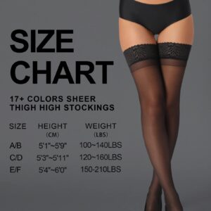 HONENNA Sheer Thigh High Stockings, 17+ Colors Stay Up Lace Top with Anti-Slip Silicone for Women, 1 Pair (Black, A)