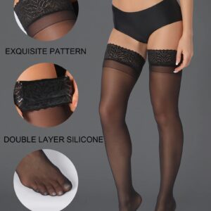 HONENNA Sheer Thigh High Stockings, 17+ Colors Stay Up Lace Top with Anti-Slip Silicone for Women, 1 Pair (Black, A)