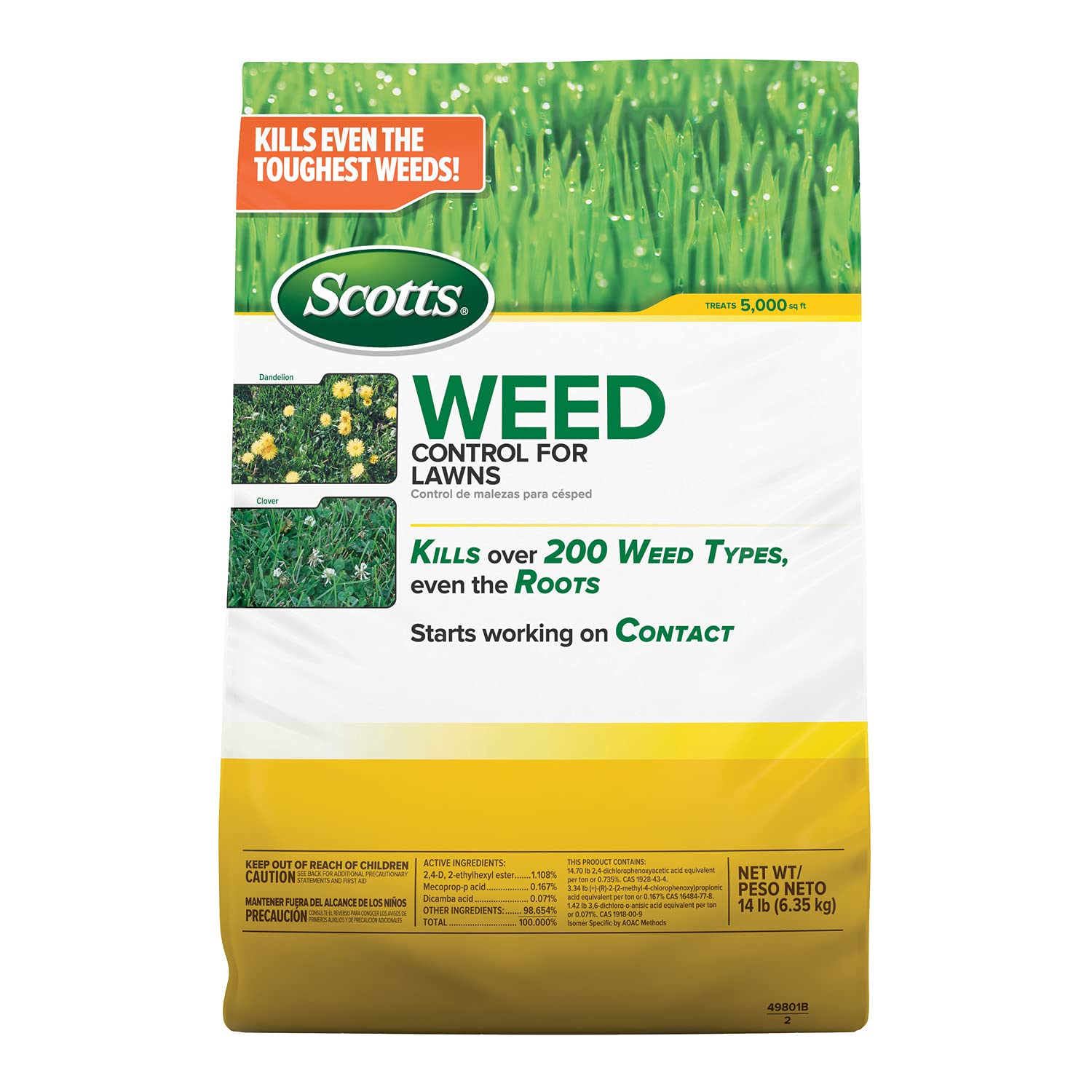 Scotts Weed Control for Lawns, Weed Killer, Kills Over 200 Weed Types Including Dandelion and Clover, 5,000 sq. ft., 14 lbs.